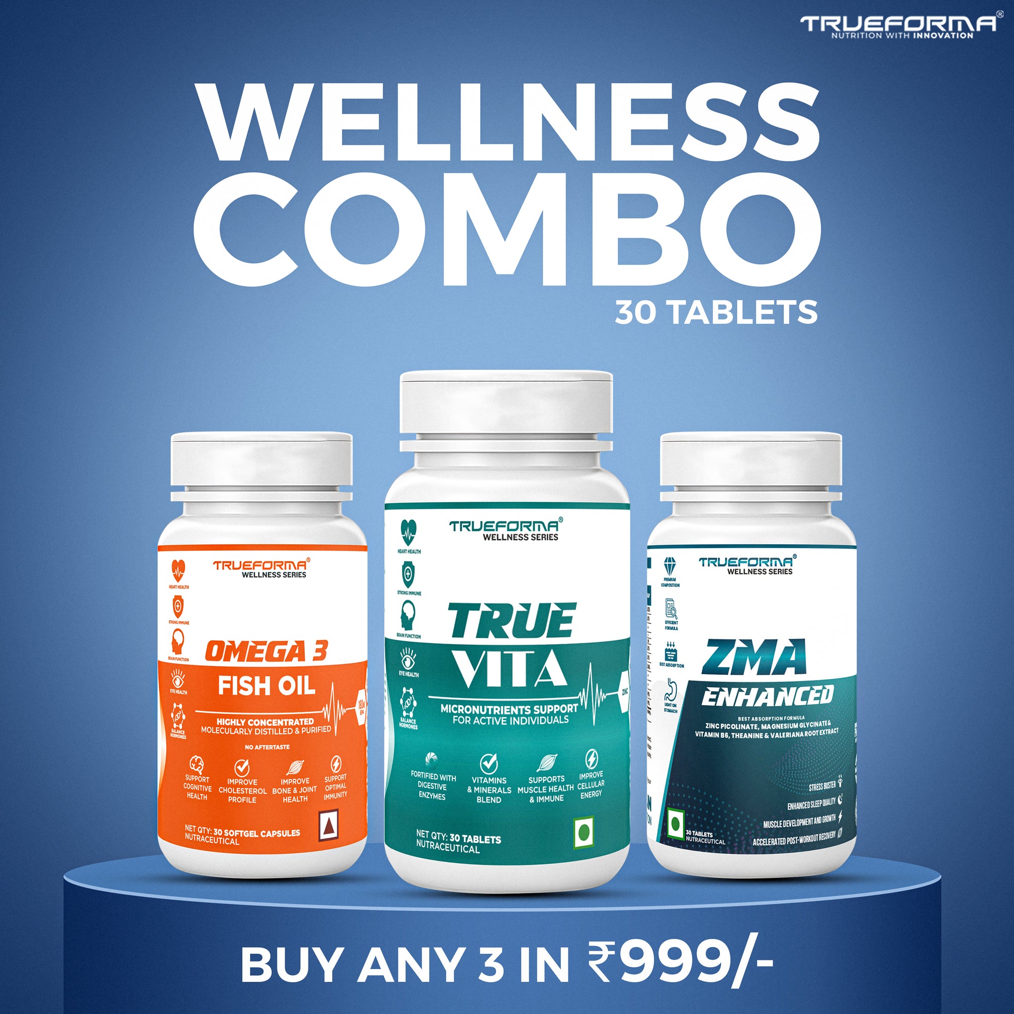 Trueforma® Monthly Wellness Combo – True Vita, Omega 3 & ZMA (30 Tabs)